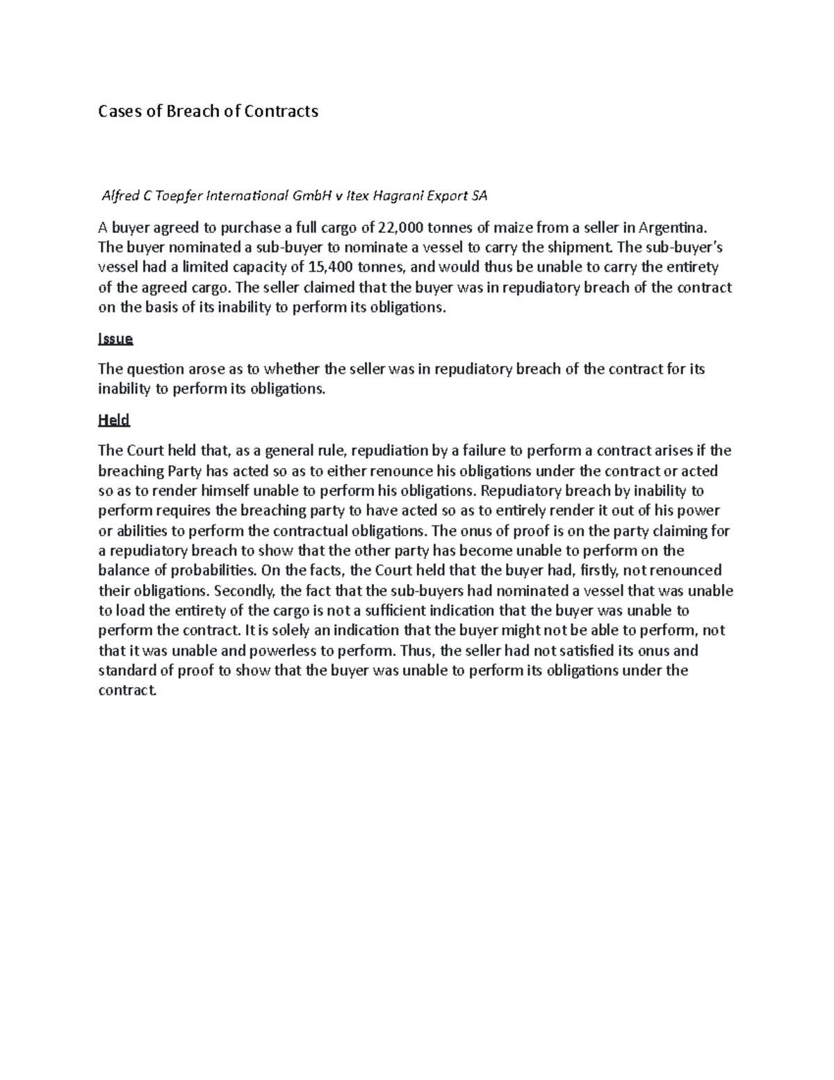 Cases of Breach of Contracts - Cases of Breach of Contracts Alfred C ...