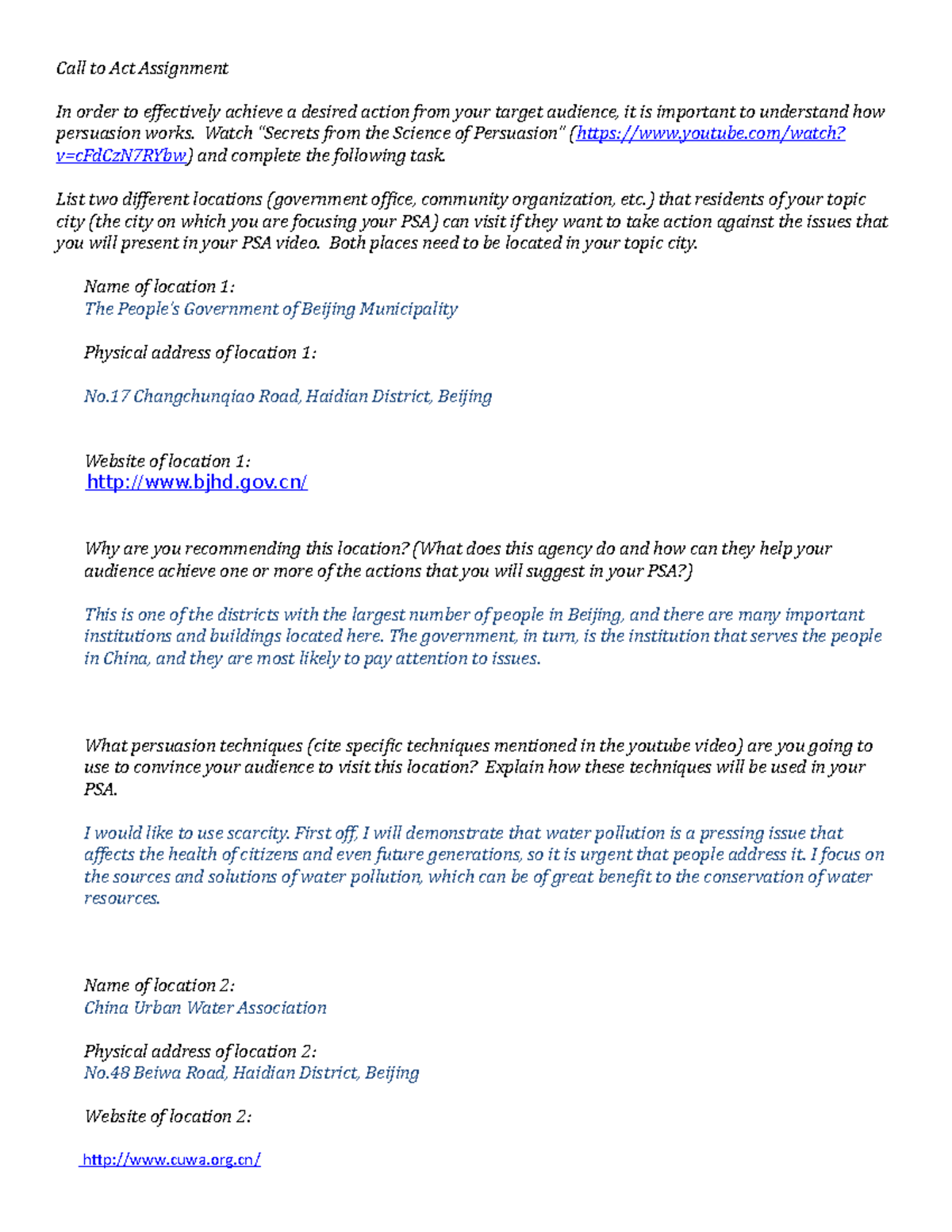 1. Call to Action Assignment (W20) - Call to Act Assignment In order to ...