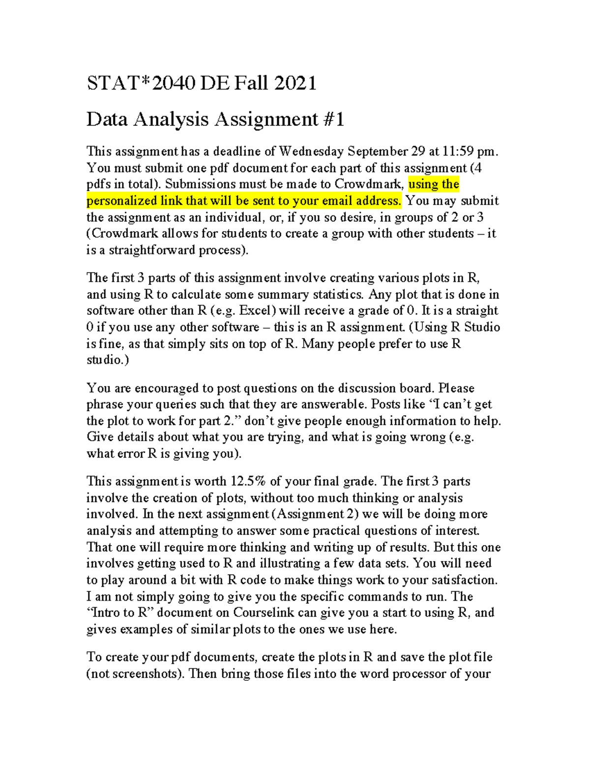 2040DE F21 Assignment for Data 1 Assignment - STAT*2040 DE Fall 2021 Data Analysis Assignment ...