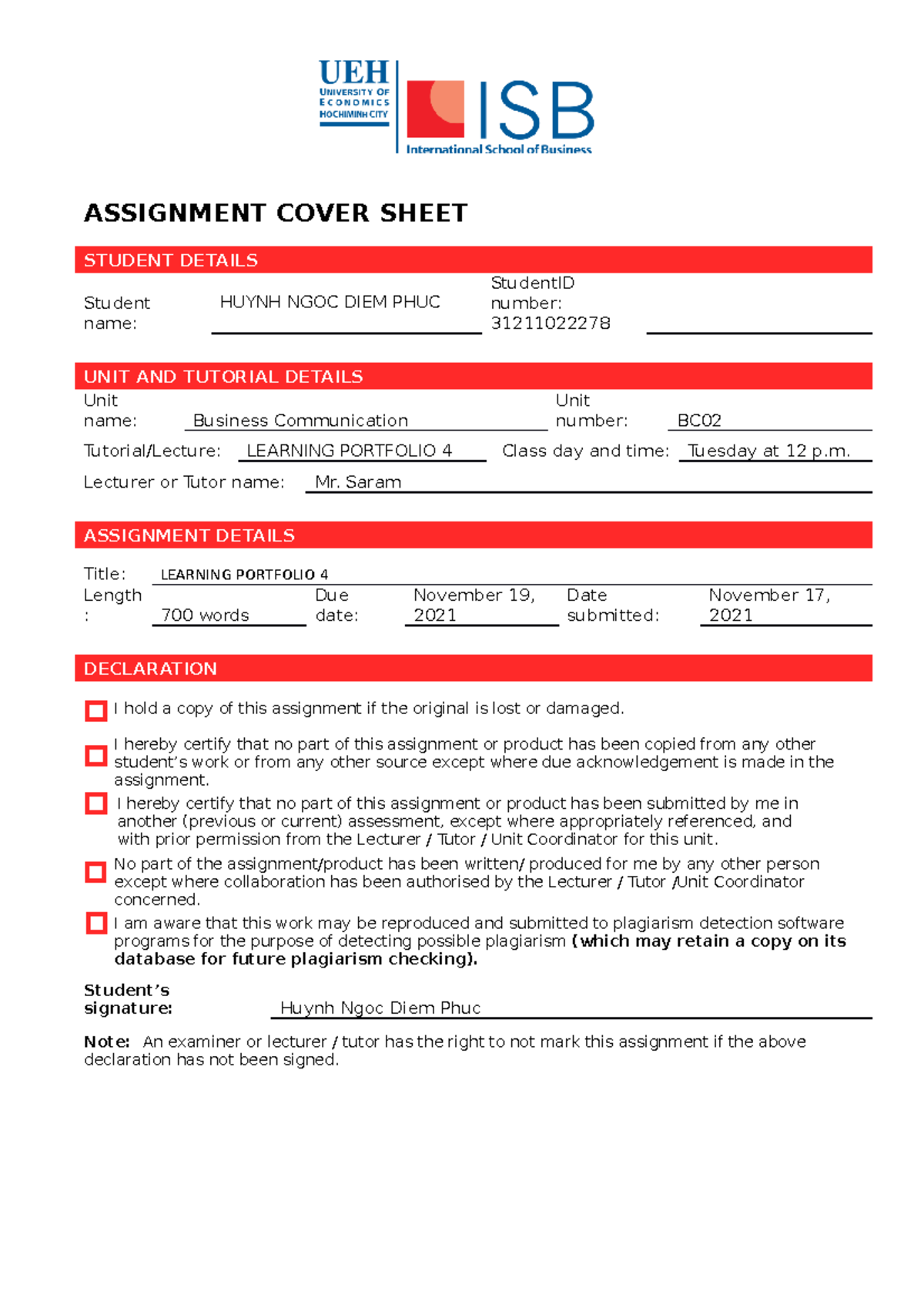 LP4 31211022278 Huynh Ngoc Diem Phuc BC02 - ASSIGNMENT COVER SHEET ...