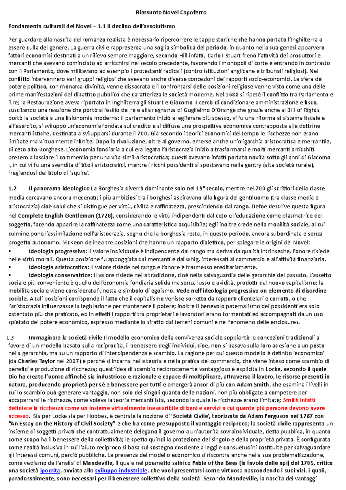 Capoferro-riassunto Novel - Letteratura inglese ii - uniroma1 - Studocu