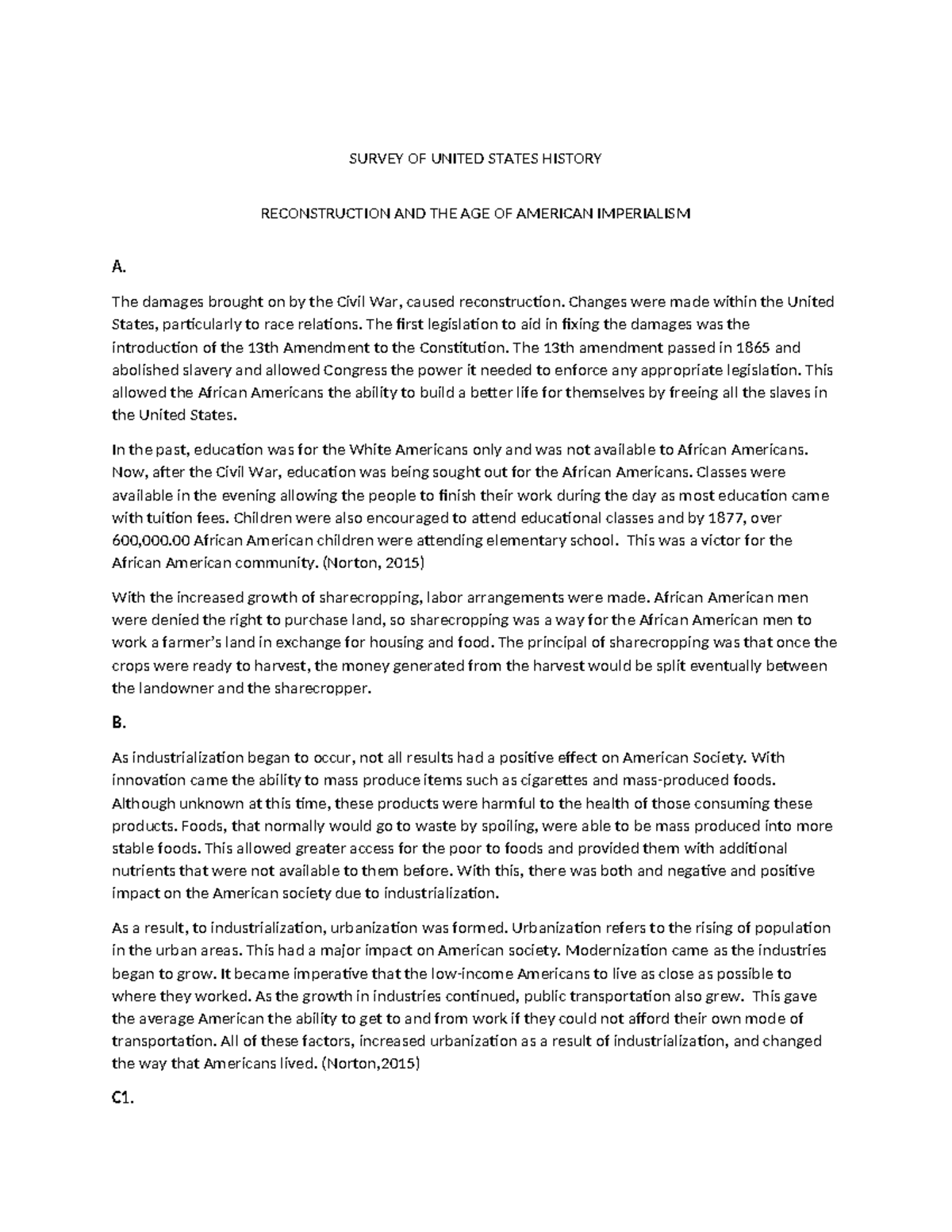 Survery of US History Task 3 - SURVEY OF UNITED STATES HISTORY ...