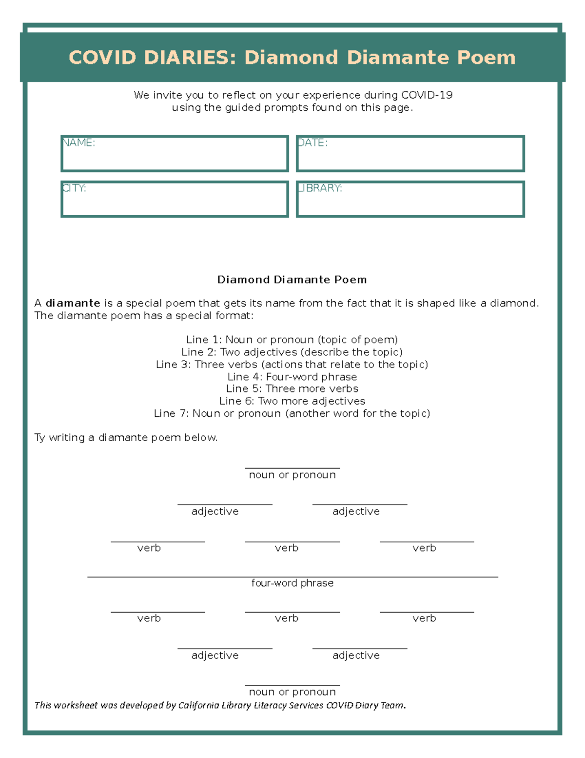 Diamond Poem A template for writing a seven line descriptive poem - We ...