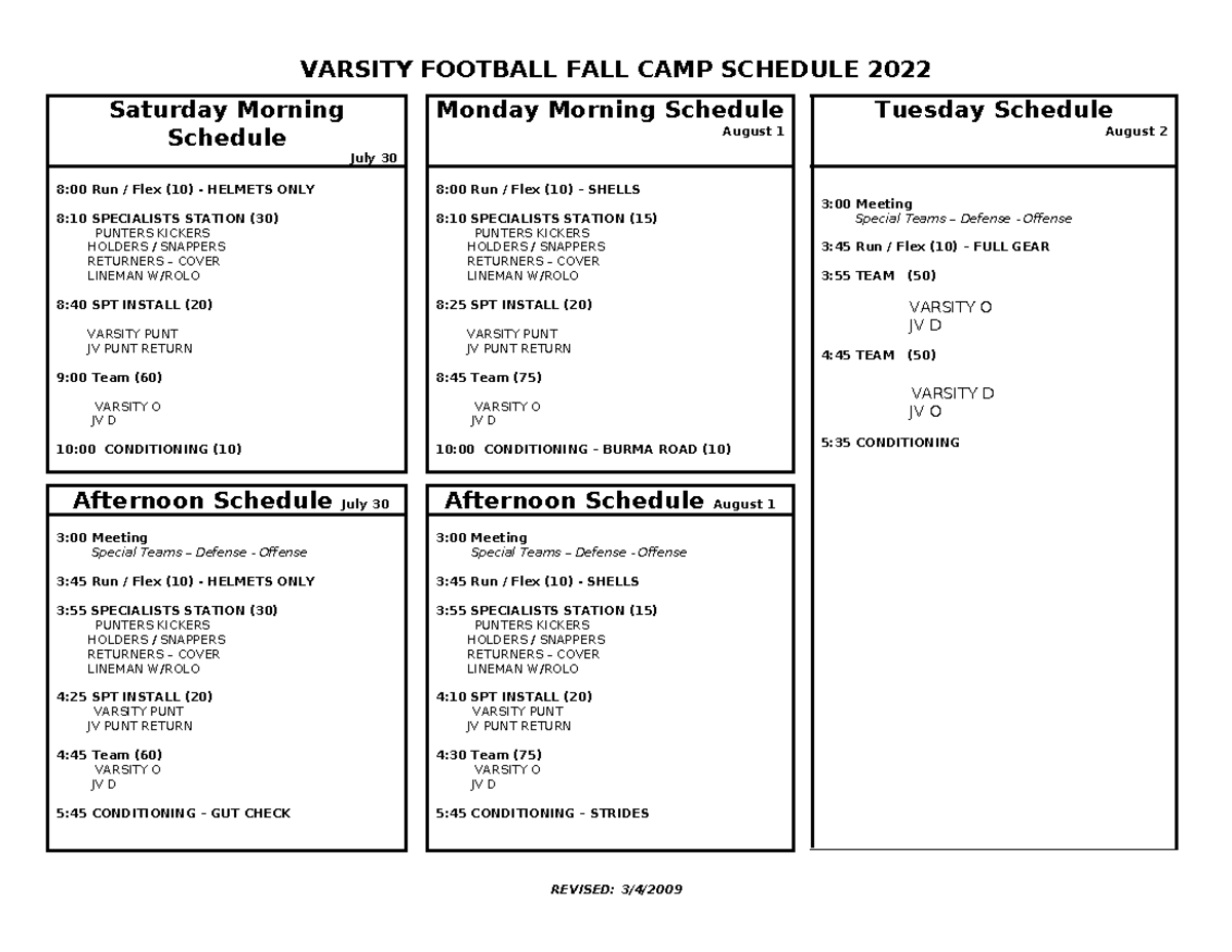 FALL CAMP 2022 - Hw answers - Saturday Morning Schedule July 30 Monday ...