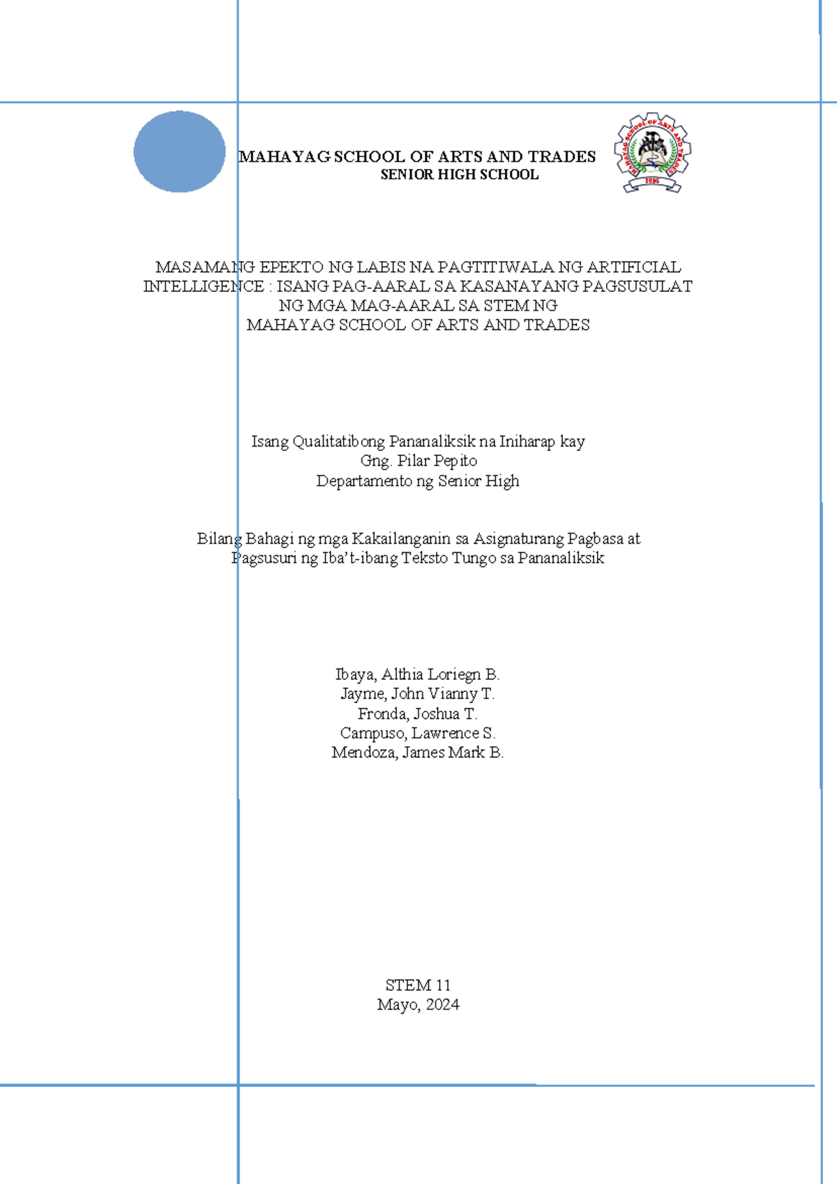 FIL-Pananaliksik - sample - MAHAYAG SCHOOL OF ARTS AND TRADES SENIOR ...