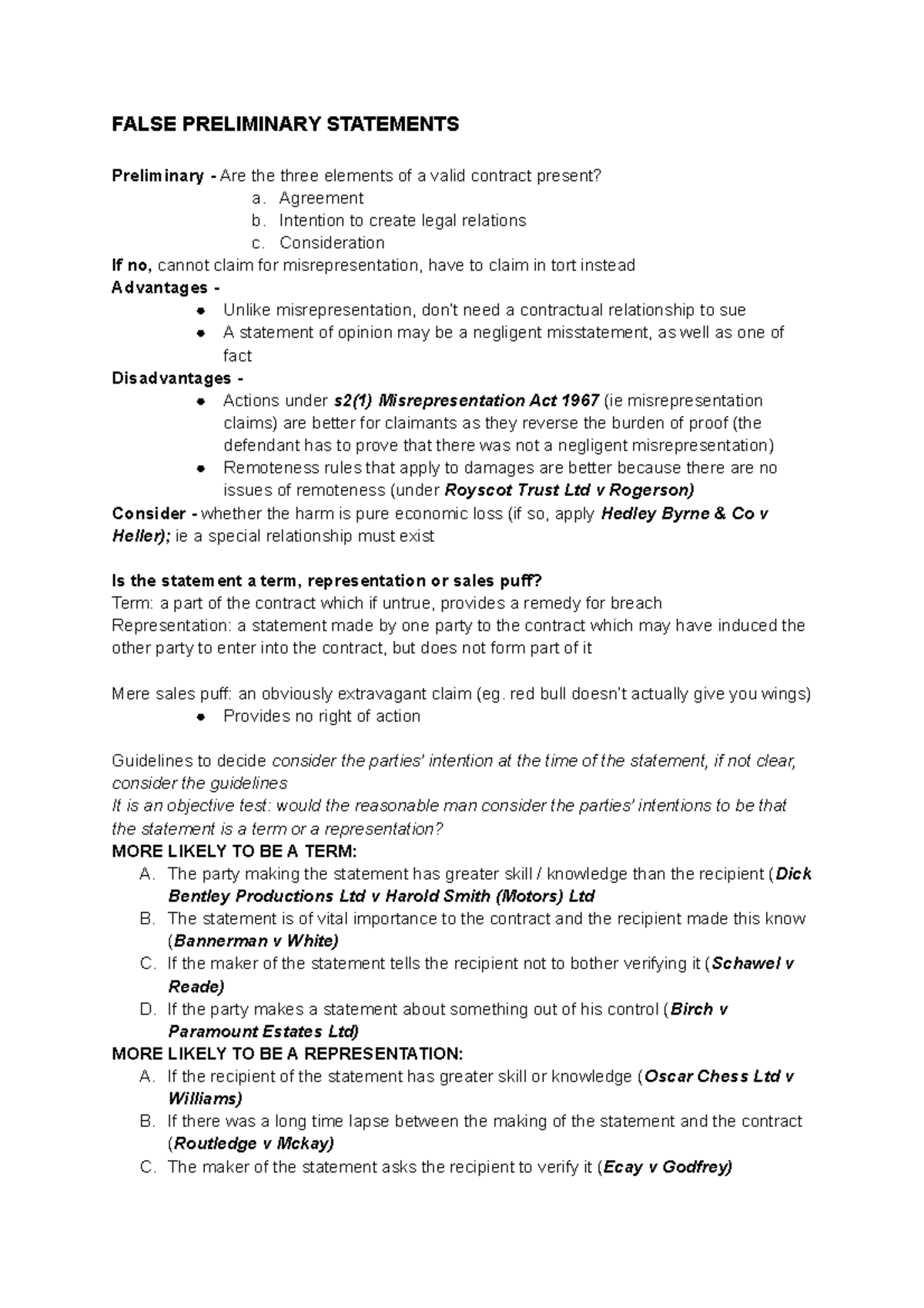 False Preliminary Statements and Misrepresentation - FALSE PRELIMINARY ...