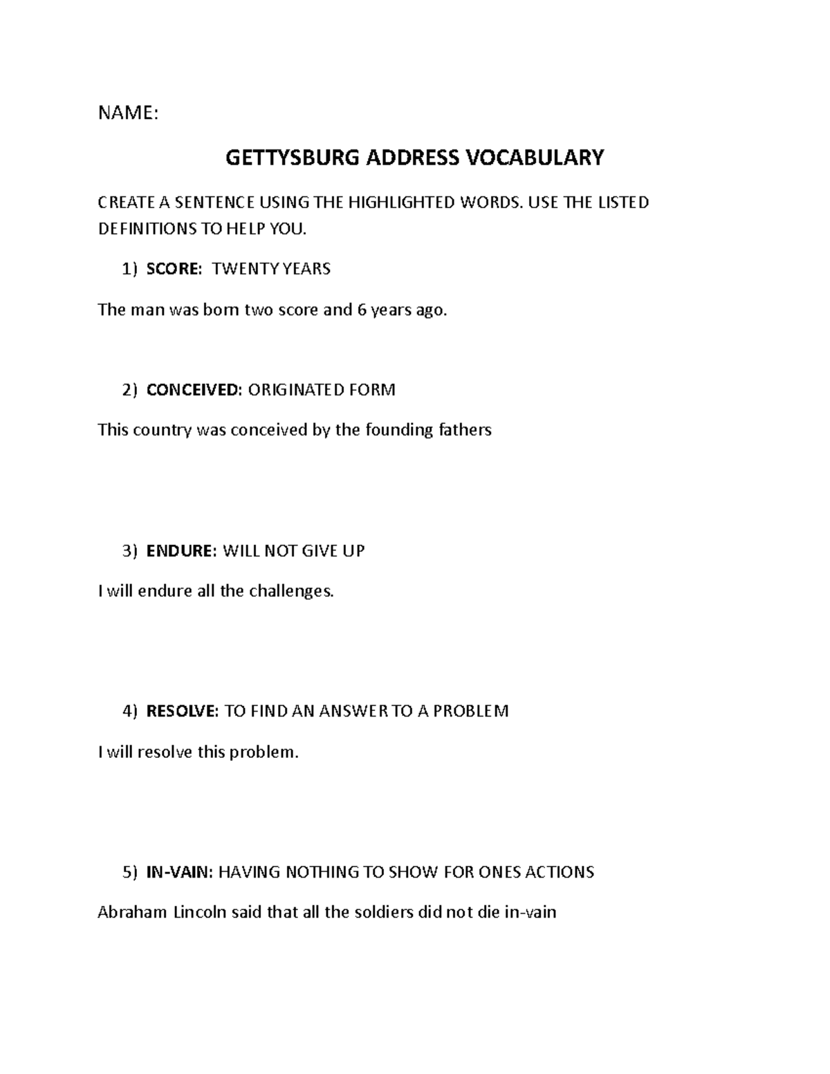 Gettyburg Address Finshed - NAME: GETTYSBURG ADDRESS VOCABULARY CREATE ...