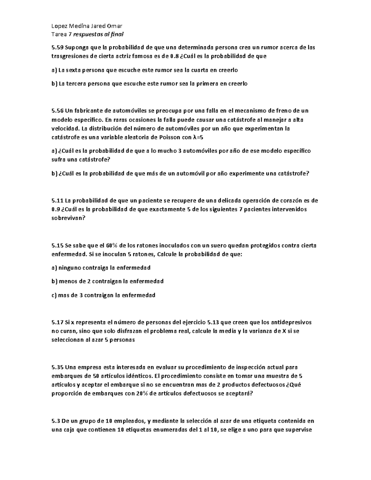 Pdfcoffee - Tarea 7 respuestas al final 5 Suponga que la probabilidad ...