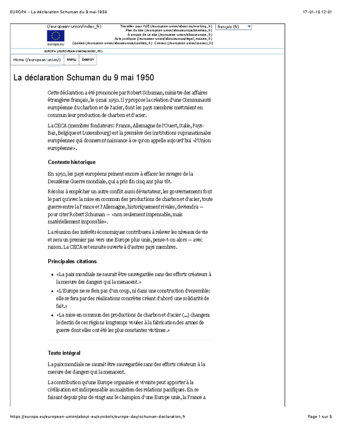 1 Schuman 1950 - notes de cour - EUROPA - La déclaration Schuman du 9 ...