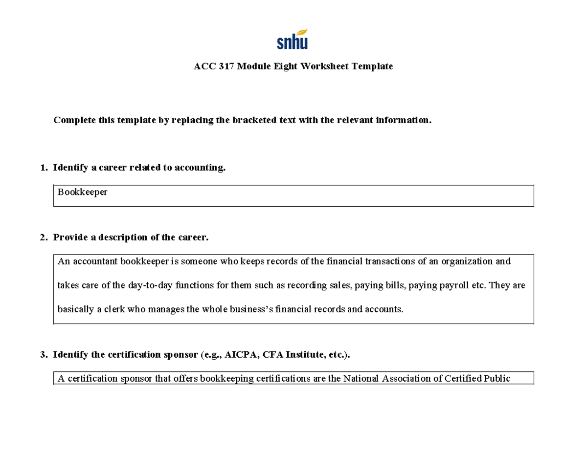 ACC 317 Module Eight Worksheet - Identify a career related to ...