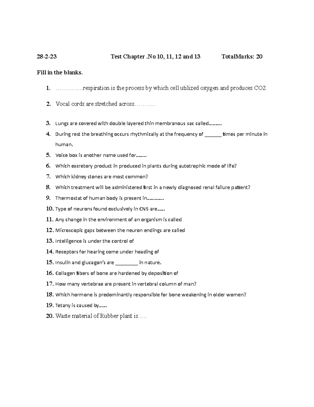 10th Class 28 2 23 Test Chapter No 10 11 12 And 13 Totalmarks 20 Fill In The Blanks 1