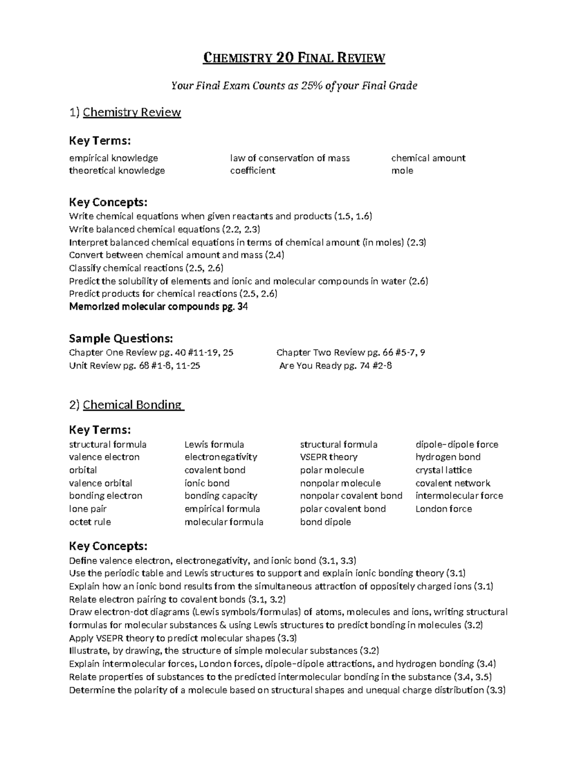 Chemistry 20 Final Review NEW Revised - CHEMISTRY 20 FINAL REVIEW Your ...