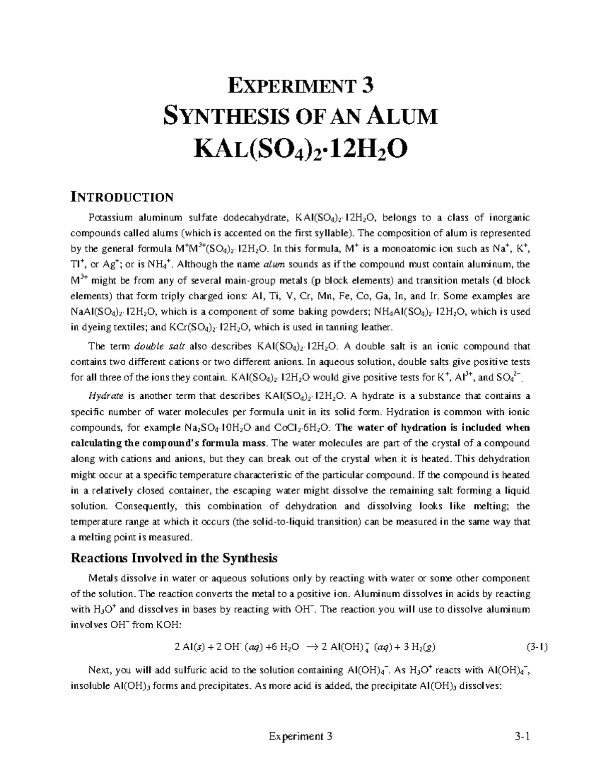 Uof C GL03 Lab - Description - EXPERIMENT 3 SYNTHESIS OF AN ALUM KAL(SO ...