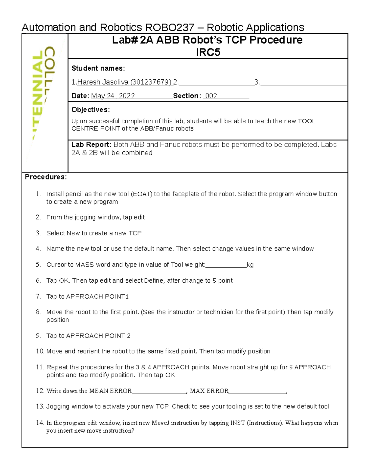 Lab 2 - Automation and Robotics ROBO237 – Robotic Applications Lab# 2A ...