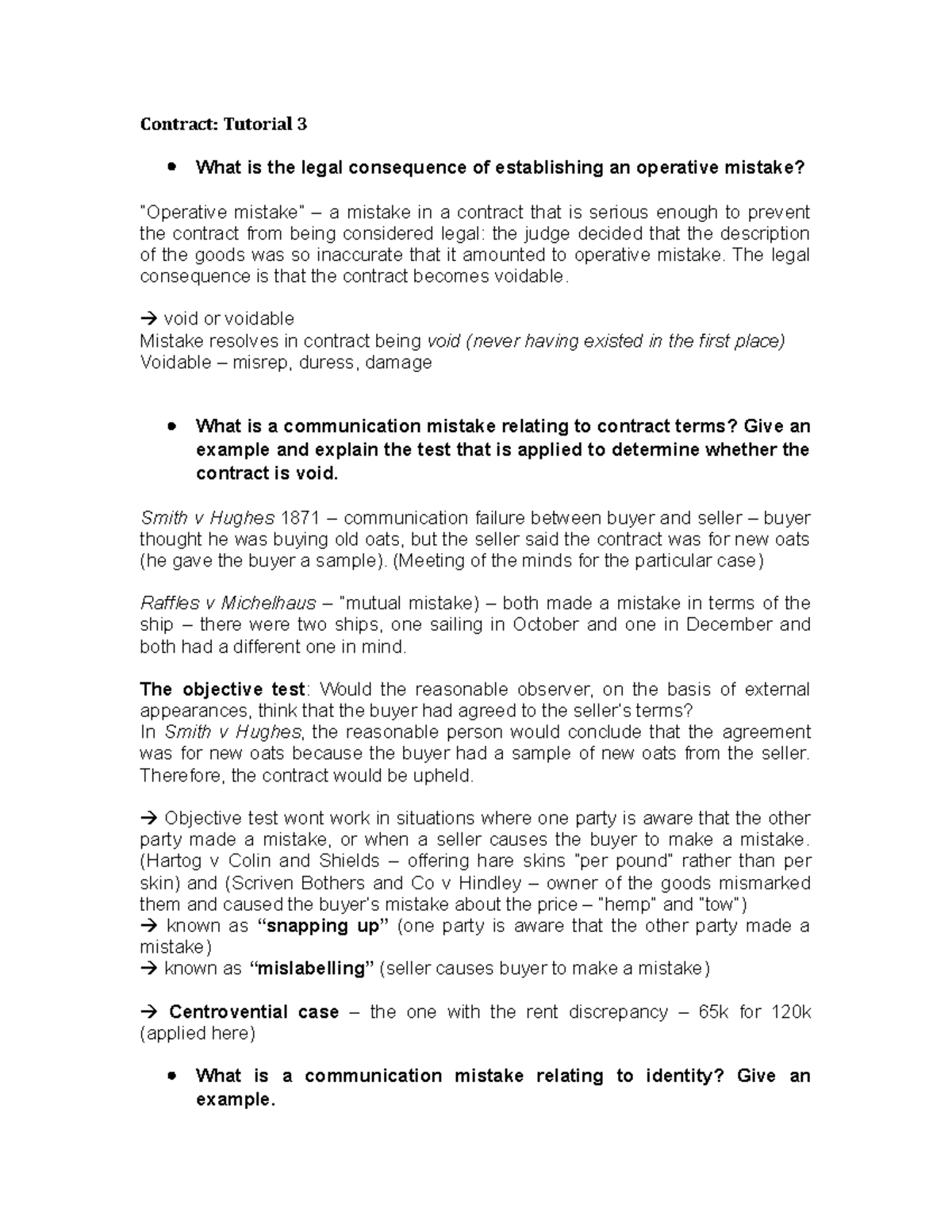 Contract Tutorial 3 - The legal consequence is that the contract becomes voidable. void or - Studocu