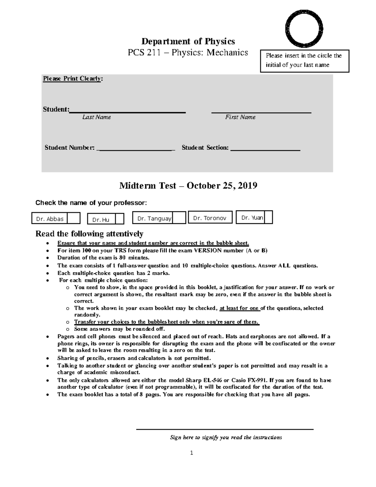 PCS211 2019 Midterm with answers A - Department of Physics PCS 211 – Physics: Mechanics Midte rm ...