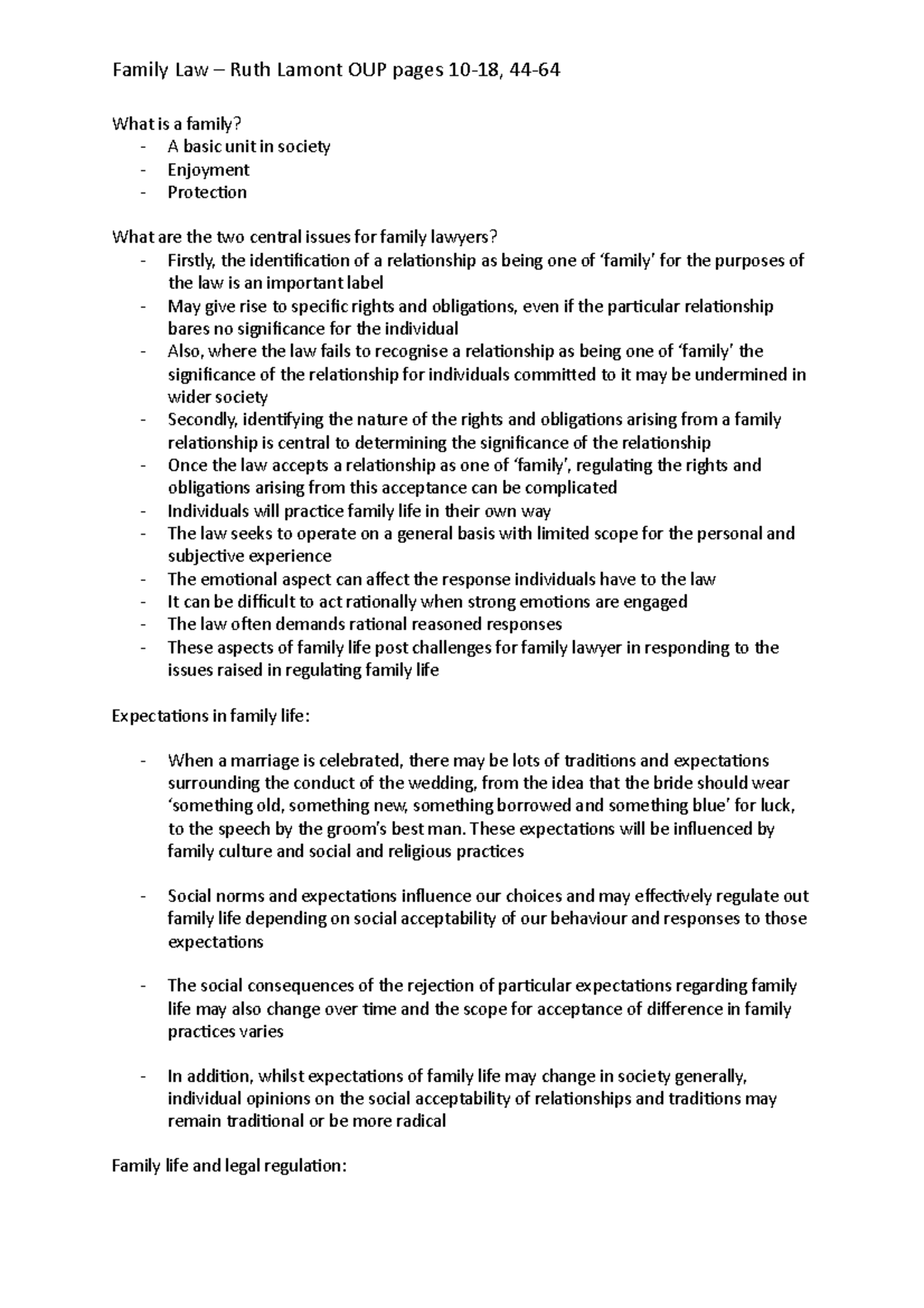 Chapter 1 Notes - Family Law – Ruth Lamont OUP pages 10-18, 44-64 What ...