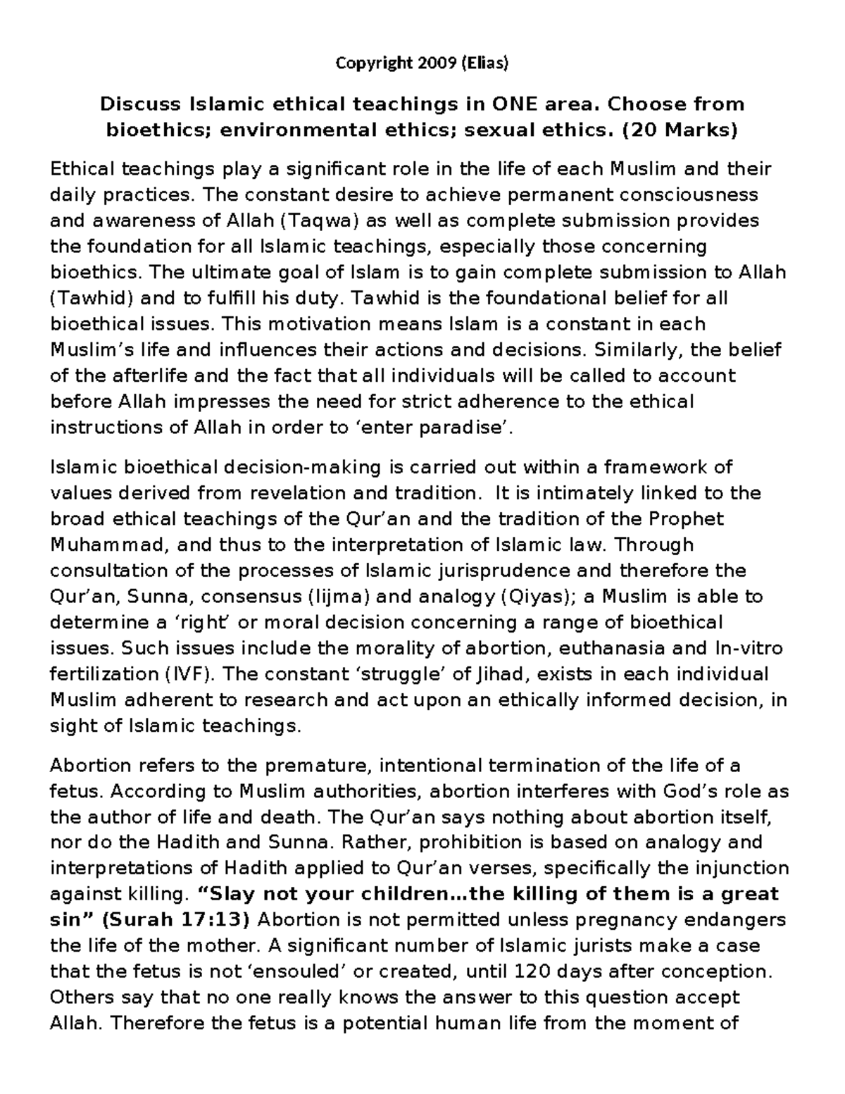 Studies of Religion Resources - Essay - ''Islamic ethical - Copyright ...