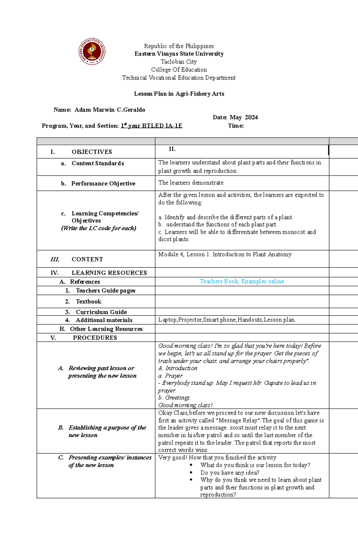 Agri fishery lesson plan - Republic of the Philippines Eastern Visayas ...