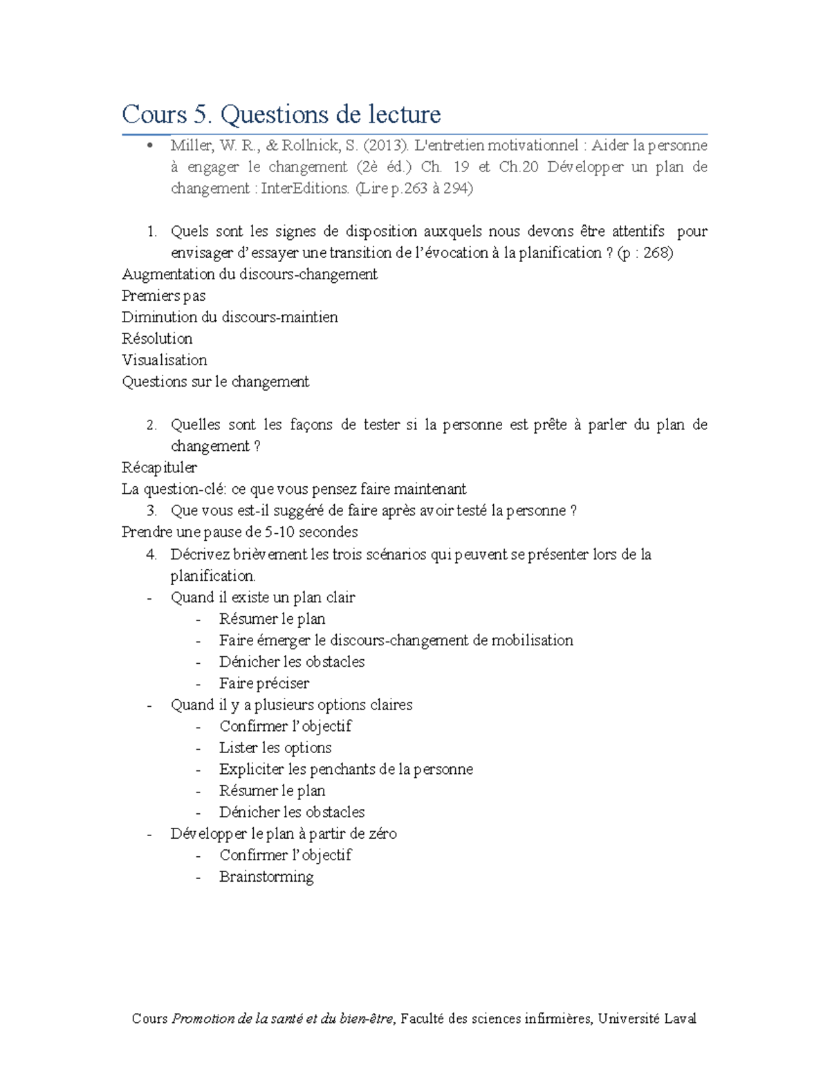 Planification Questions de lecture - Cours 5. Questions de lecture - Miller, W. R., & Rollnick ...