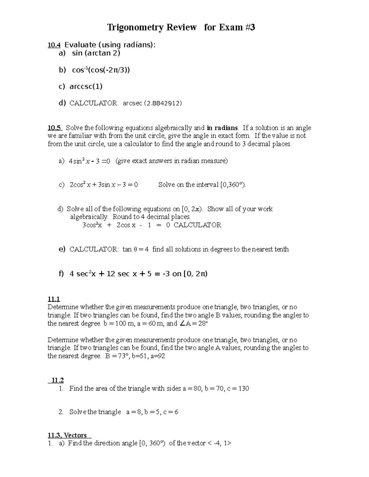 Review 9.4 to 10 - Suzan - Trigonometry Review for Exam 10 Evaluate ...