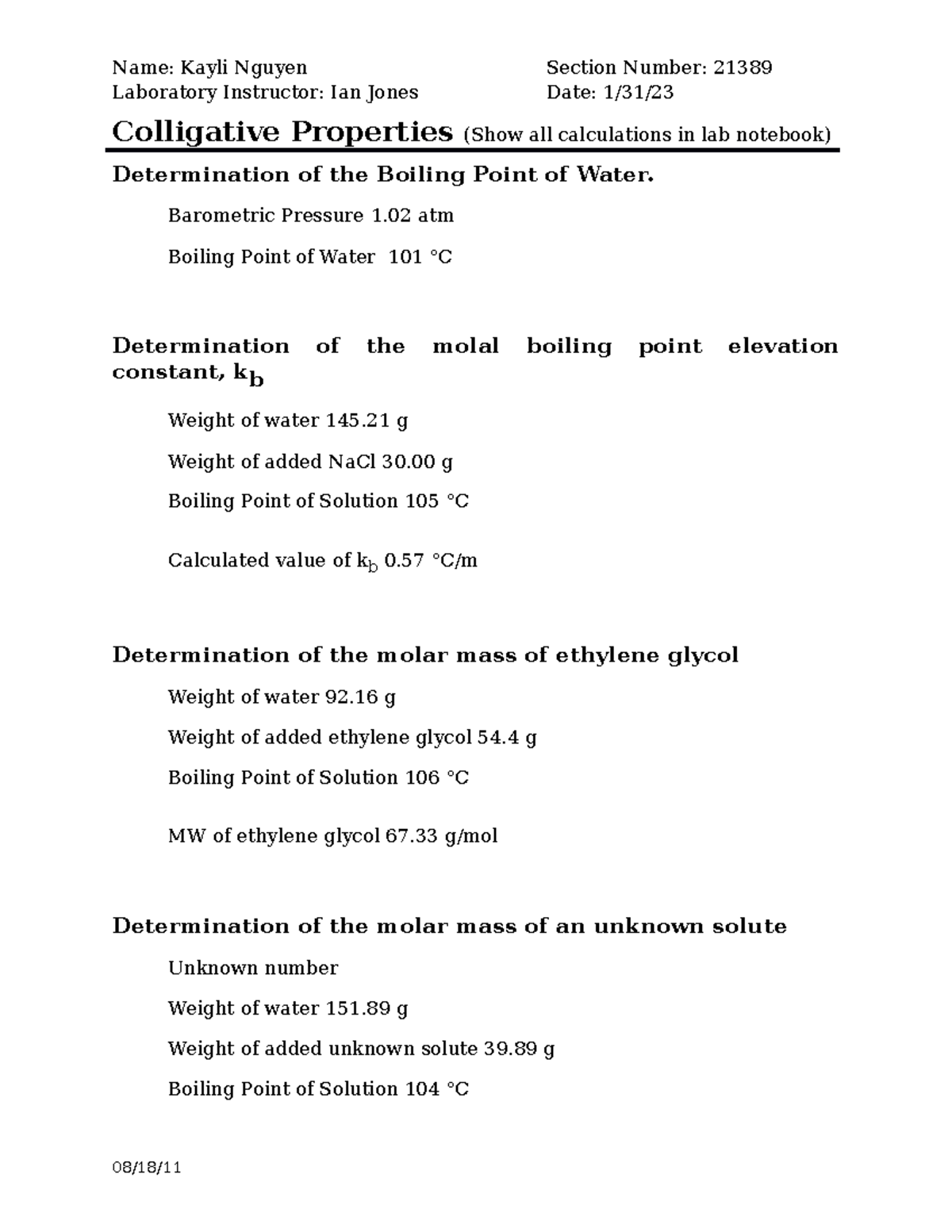 Colligative Properties Report Sheet - Name: Kayli Nguyen Section Number ...