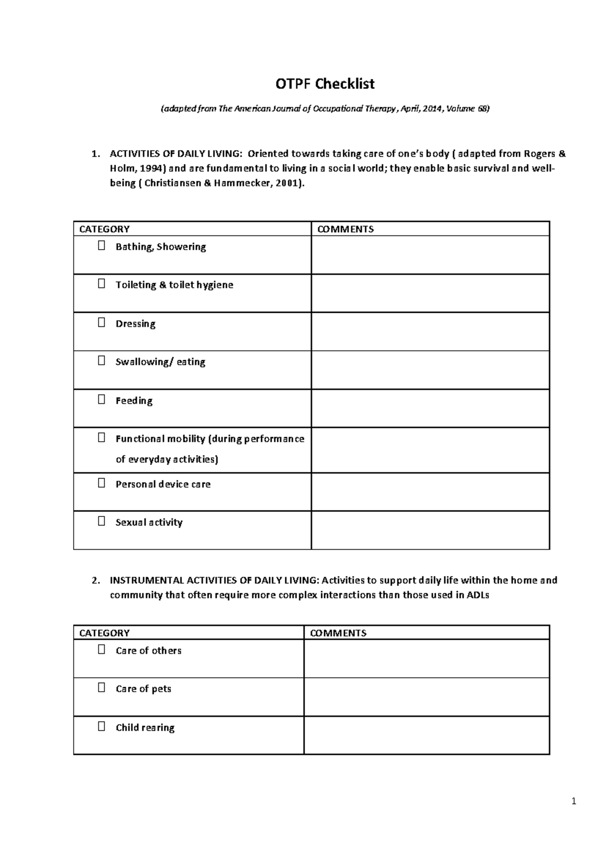 OTPF Checklist - assessment form - OTPF Checklist (adapted from The ...