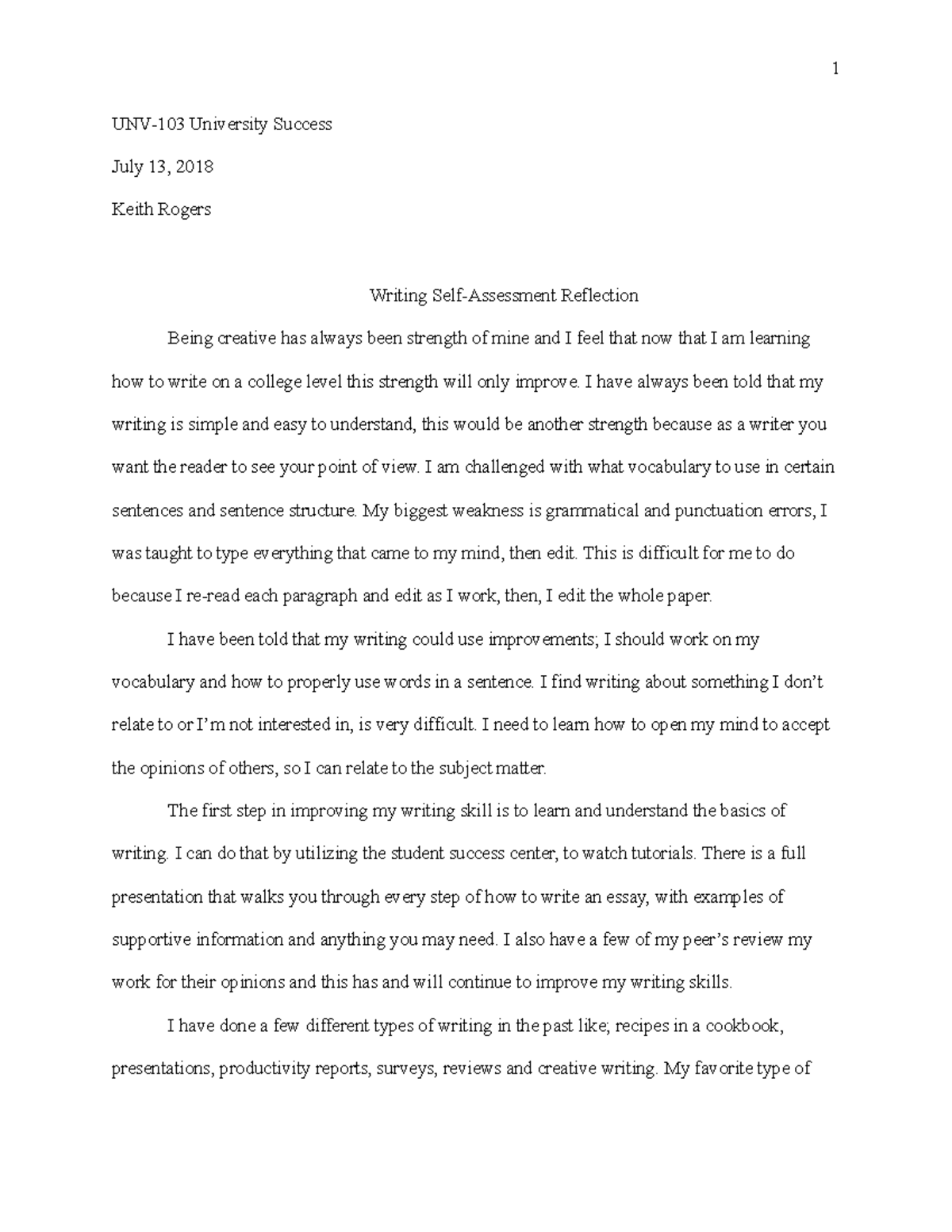 Writing Self-Assessment Reflection Final - UNV-103 University Success ...