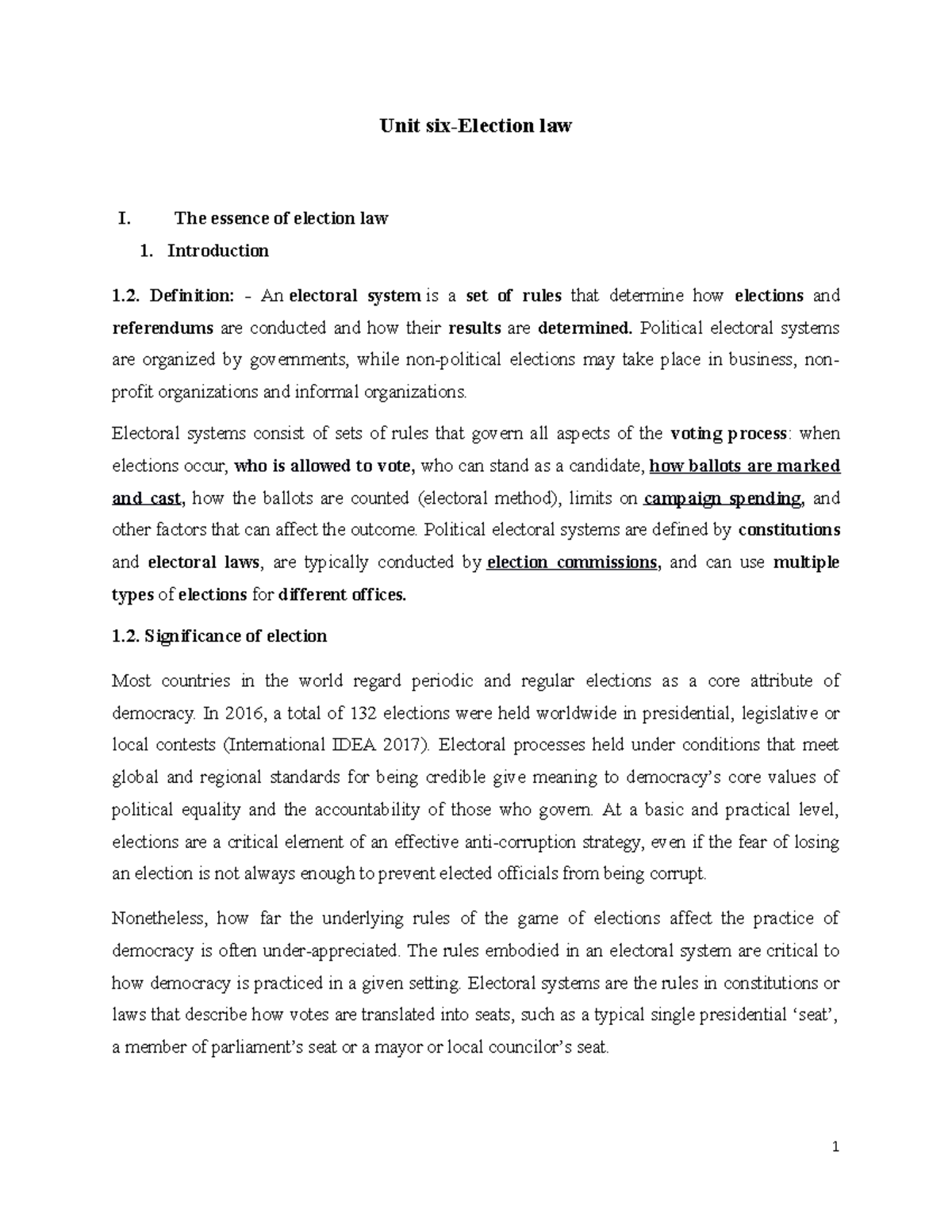 Unit six election systems and laws - Unit six-Election law I. The ...
