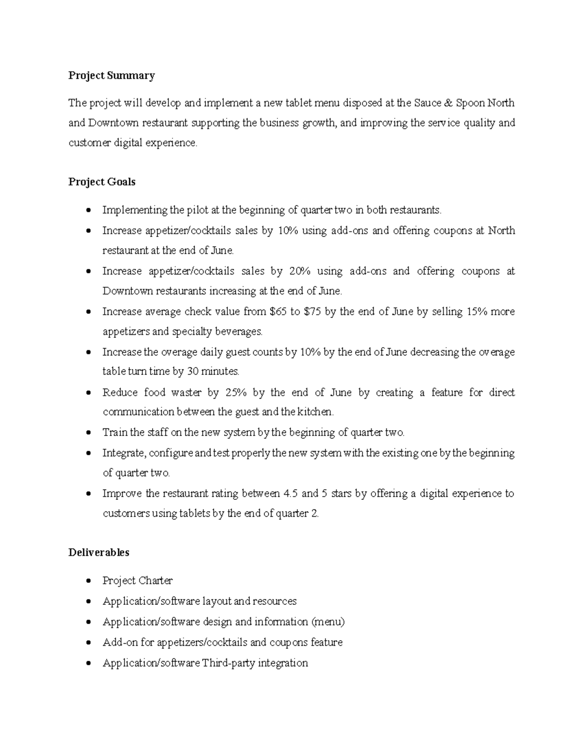 Project charter - dgg - Project Summary The project will develop and implement a new tablet menu ...