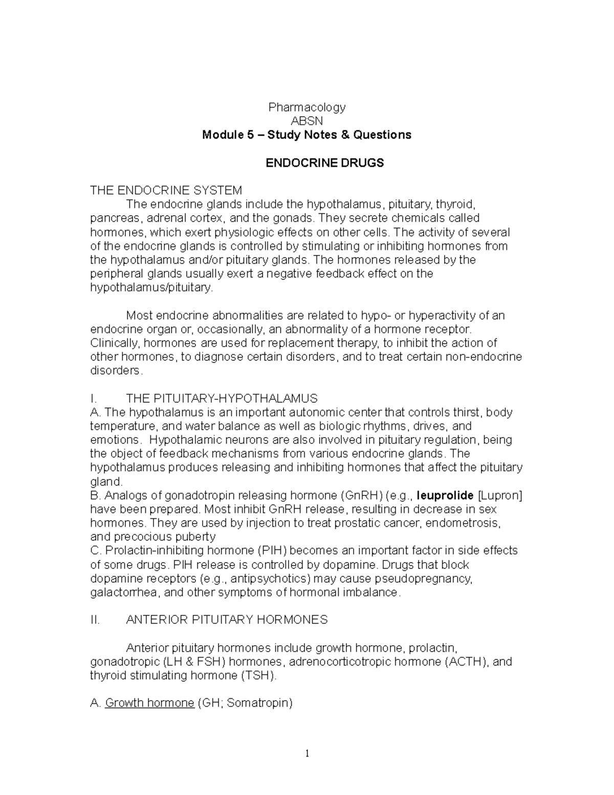 Module 5 - Study Review Endocrine - Pharmacology ABSN Module 5 – Study ...
