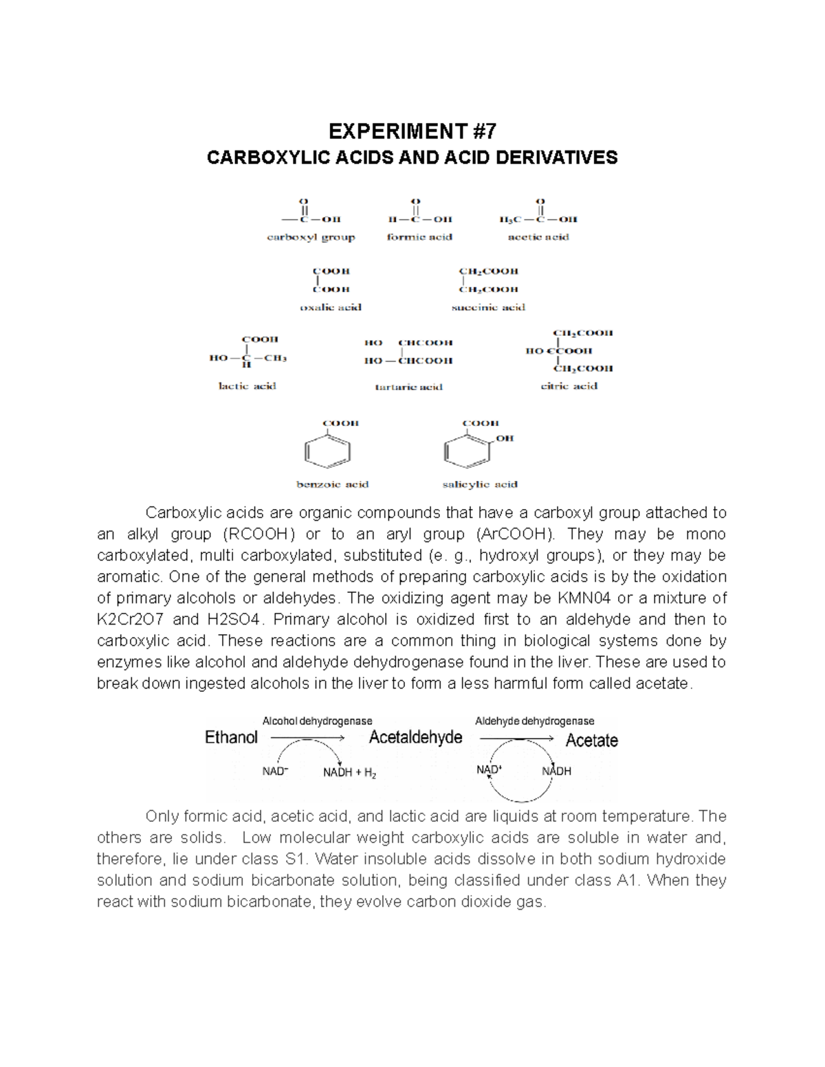 Experiment 7 Carboxylic ACID AND ACID Derivatives - EXPERIMENT ...