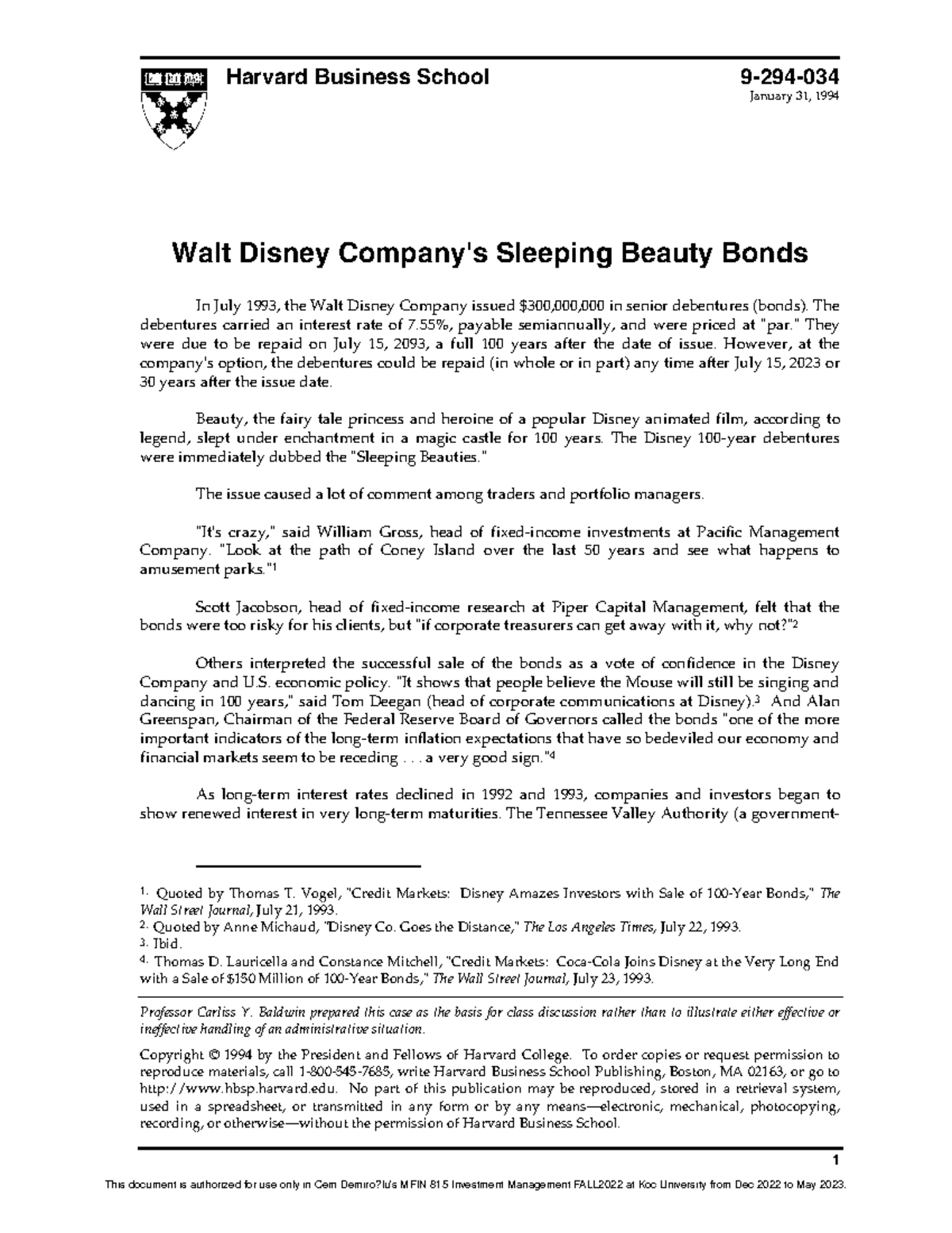 Walt Disney Co.'s Sleeping Beauty Bonds - Harvard Business School 9-294 ...