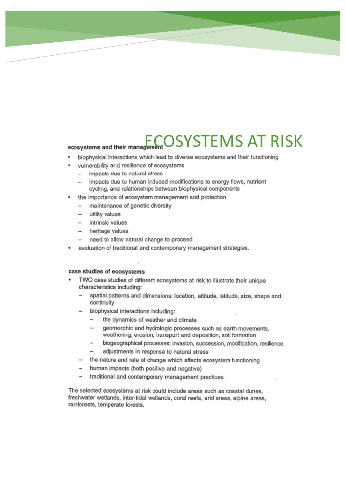 Ecosystems AT RISK - ECOSYSTEMS AT RISK BIOPHYSICAL IN TERACT IO NS T ...