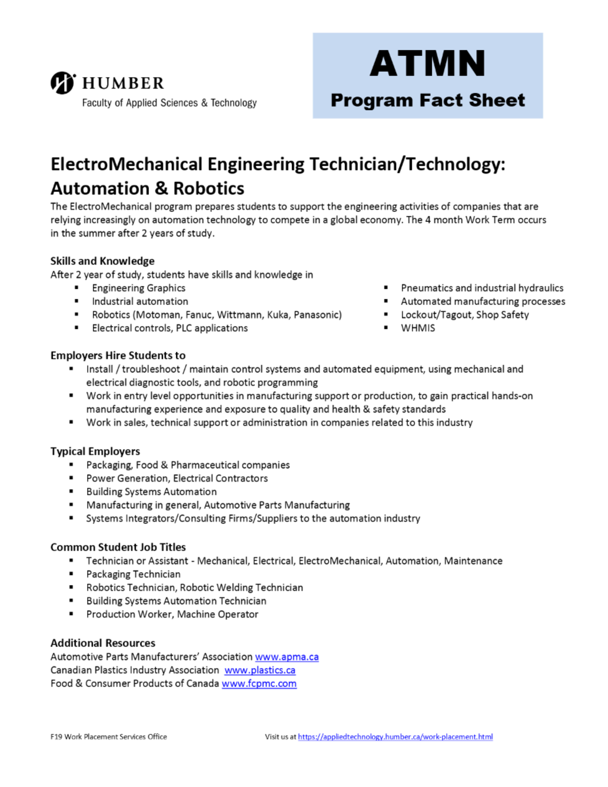 Electromechanical Engineering Technology Program Fact Sheet - WORK 120 ...