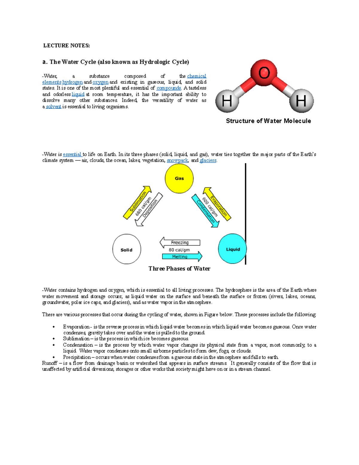 The Water Cycle (also known as Hydrologic Cycle) - LECTURE NOTES: a ...