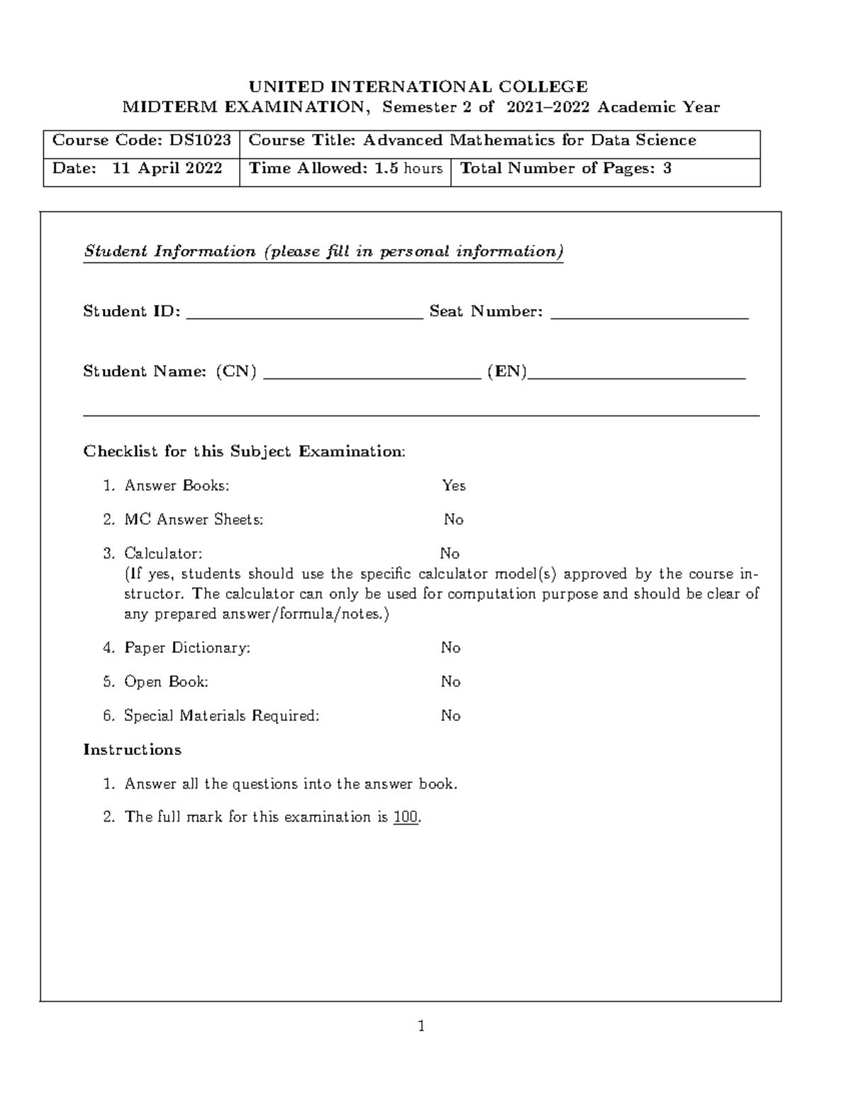 Midterm examination - Student Information (please fill in personal ...