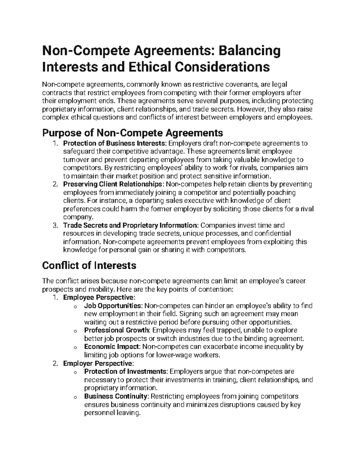 Essay - Non-Compete Agreements: Balancing Interests and Ethical ...