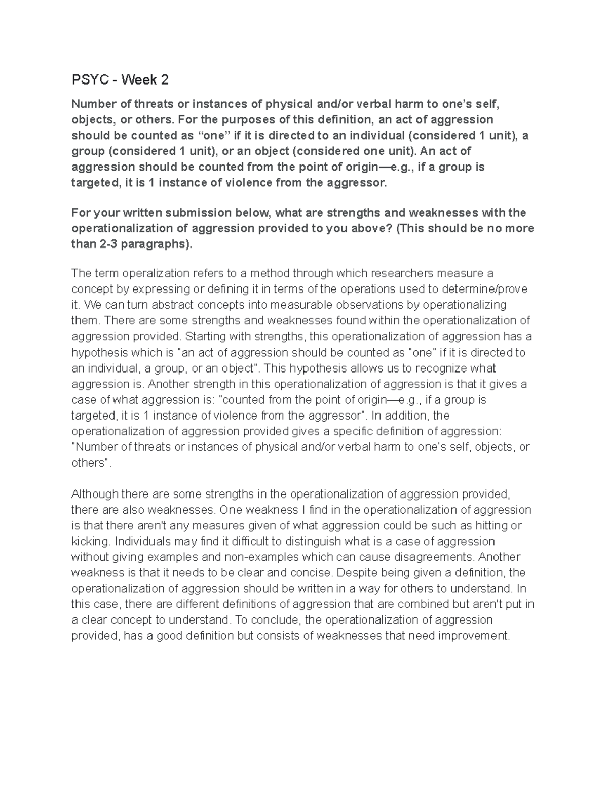 PSYC - Week 2 - PSYC - Week 2 - PSYC - Week 2 Number of threats or instances of physical and/or ...