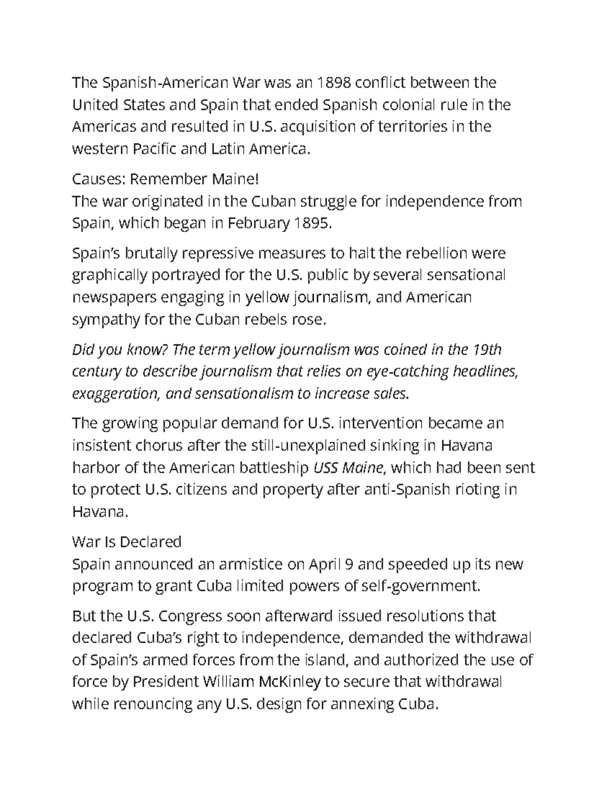 Spanish - American War Notes - The Spanish-American War was an 1898 ...