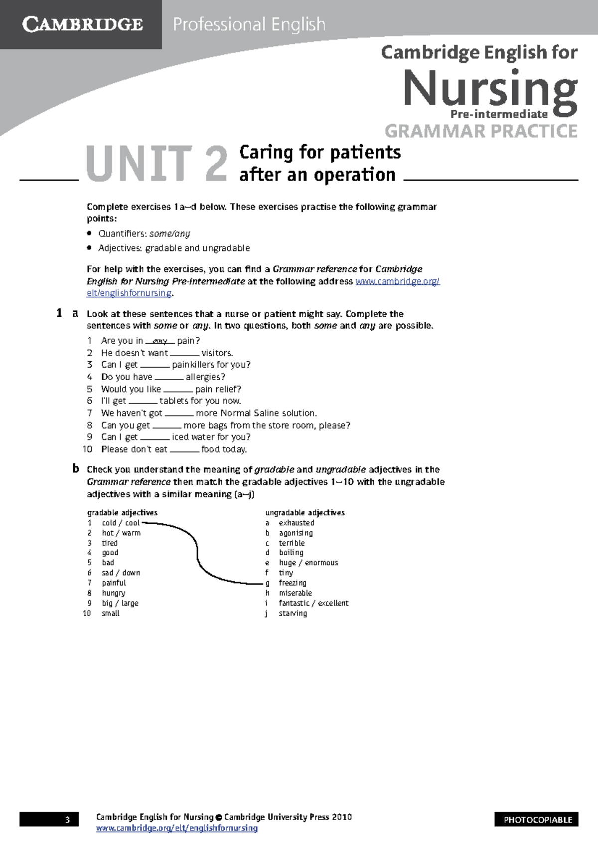 Cambridge english for nursing grammar practice pre intermediate unit2 - Pre-intermediate ...