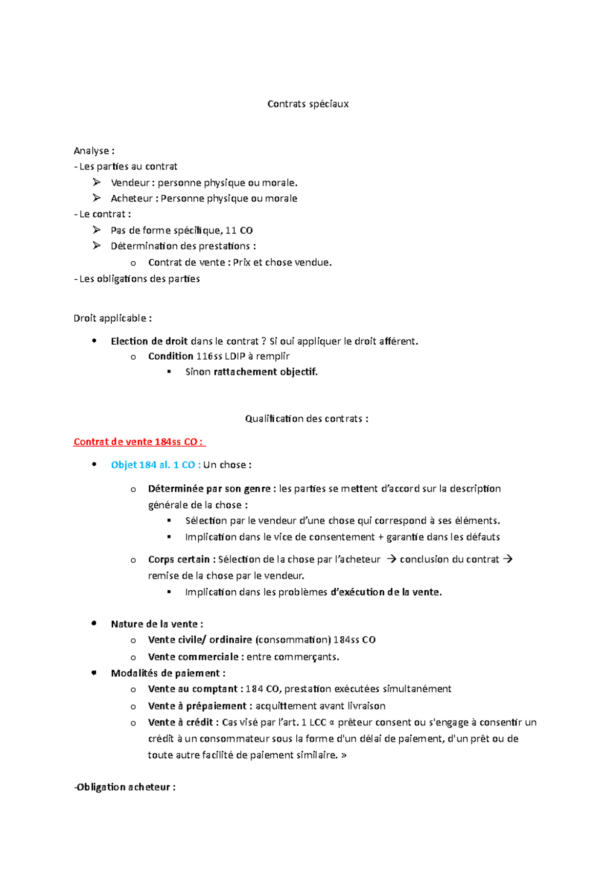Canevas Contrats SPE - Contrats spéciaux Analyse : Les parties au ...