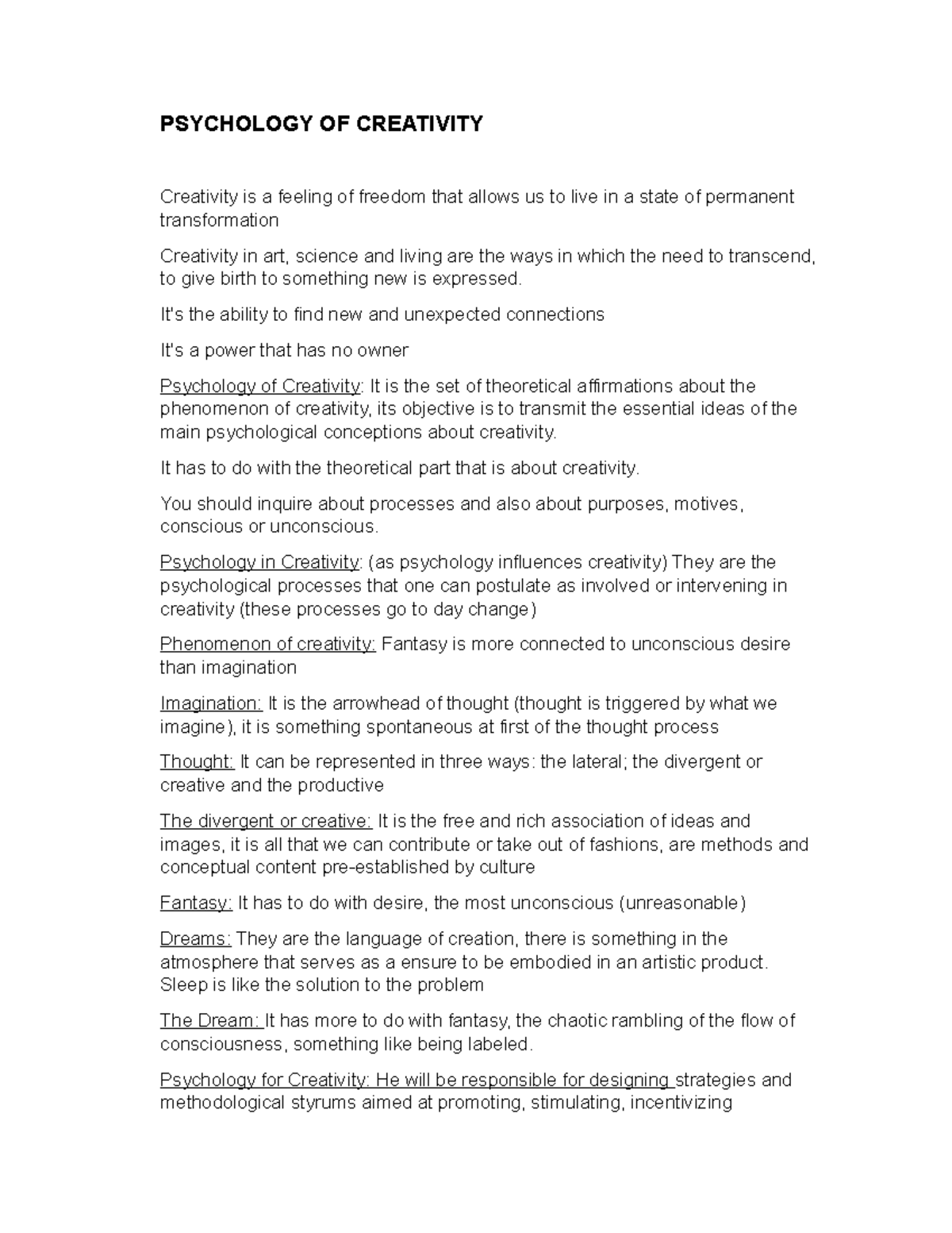 Psychology of creativity - PSYCHOLOGY OF CREATIVITY Creativity is a ...