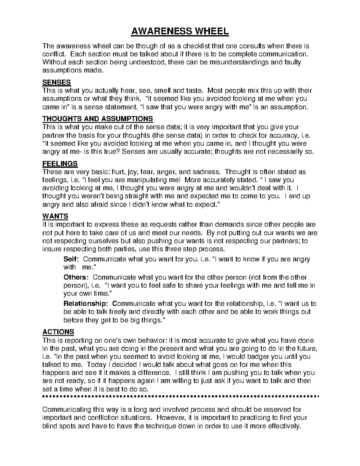 Awareness- Wheel - AWARENESS WHEEL The awareness wheel can be though of ...