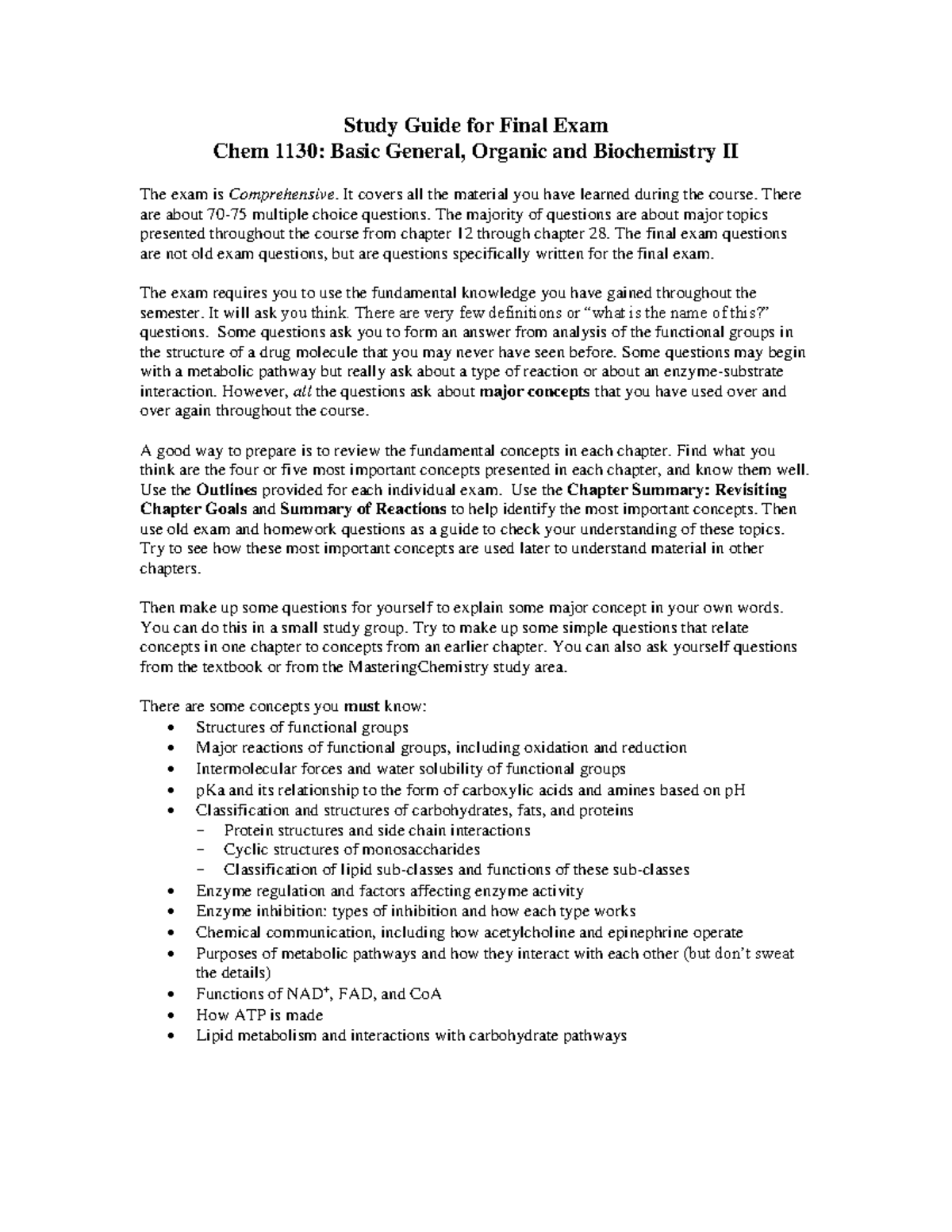 Chem 1130 Study guide for final exam 2020 - Study Guide for Final Exam ...