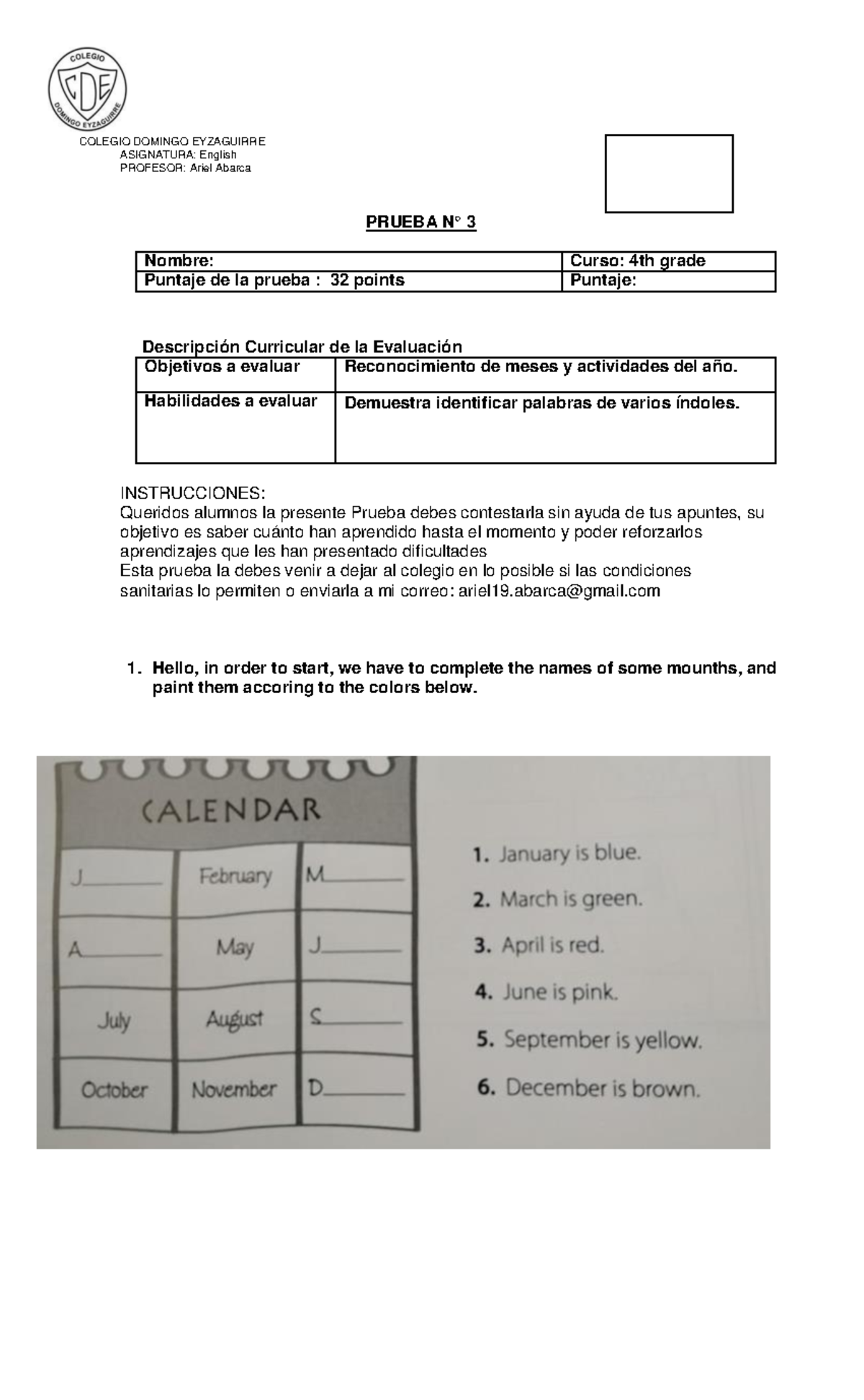 Prueba Nº3 Ingles 4º - . - COLEGIO DOMINGO EYZAGUIRRE ASIGNATURA ...