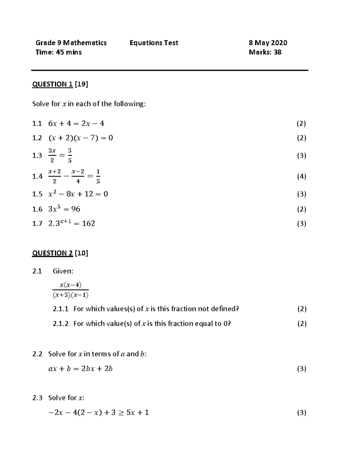 Grade 9 - Equations Test - 2020 - Grade 9 Mathematics Equations Test 8 ...