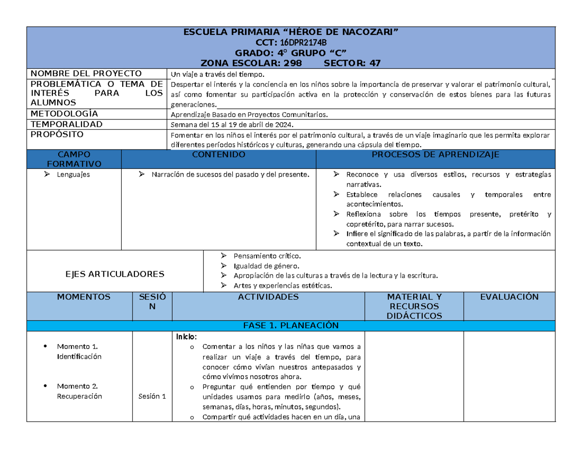 Planeación - Proyecto "Un viaje a través del tiempo" - ESCUELA PRIMARIA ...