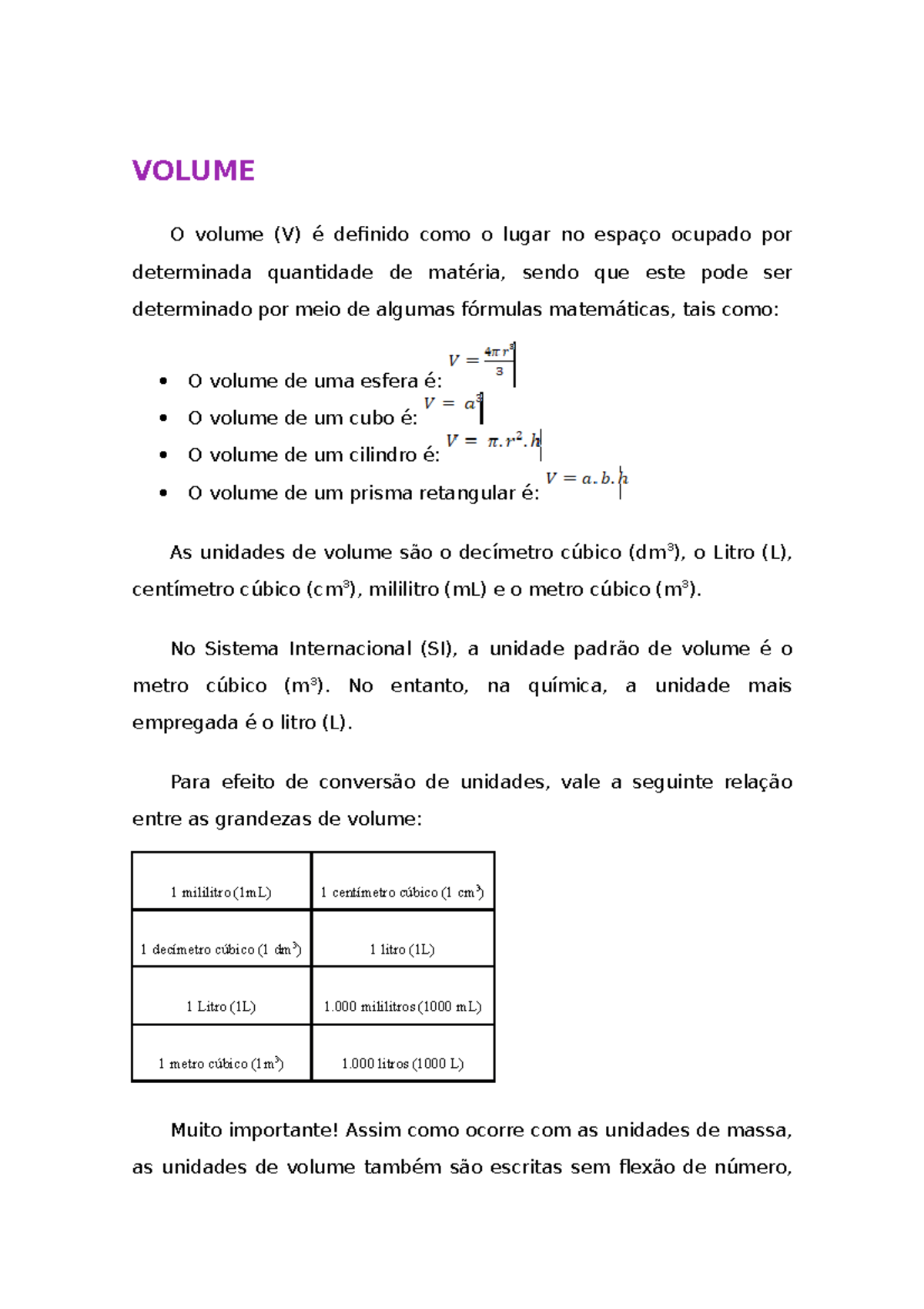 Volume - Apontamentos 4 - VOLUME O volume (V) é deinido como o lugar no ...