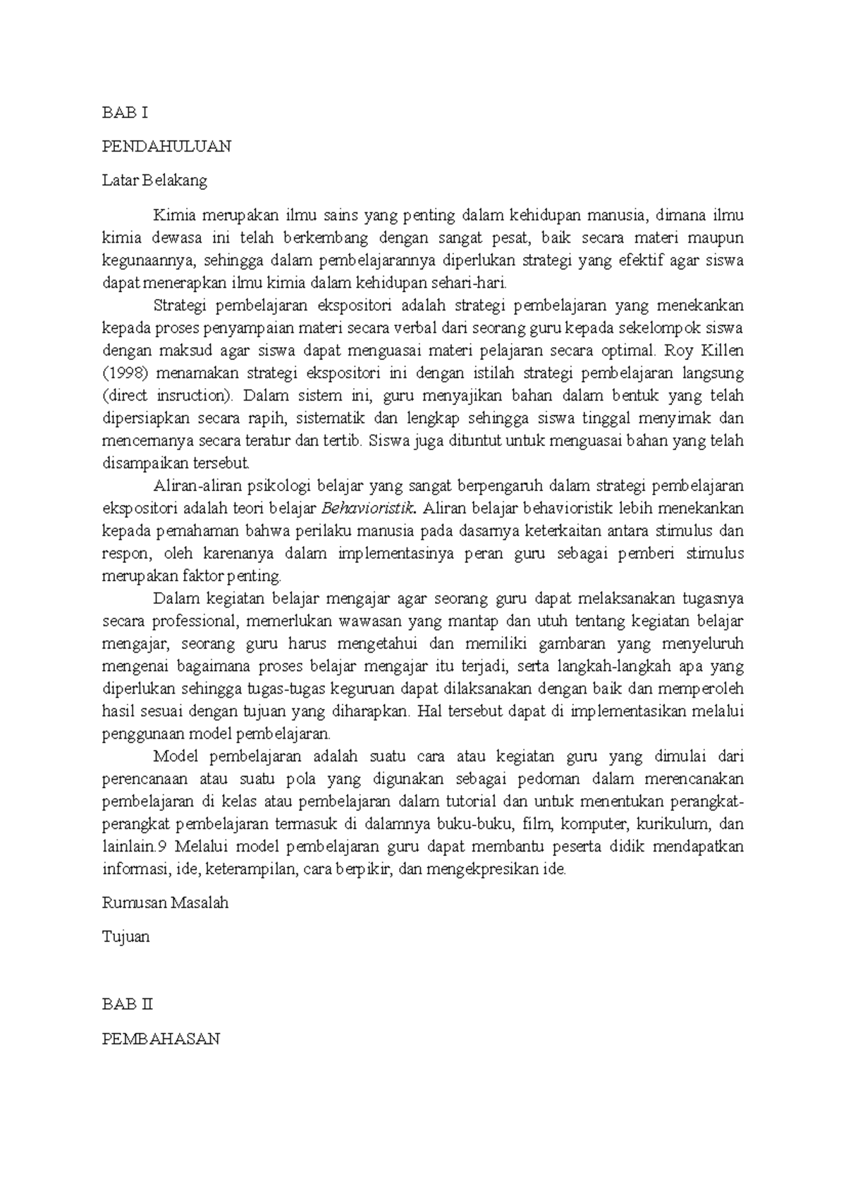 SPK makalah model - BAB I PENDAHULUAN Latar Belakang Kimia merupakan ...